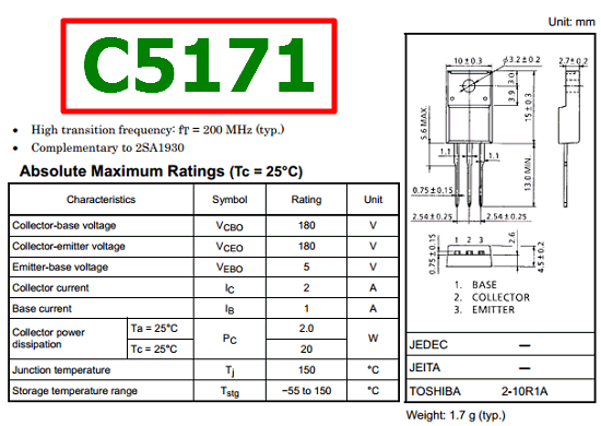 C5171 - Vcbo=180V, NPN Transistor - Toshiba - DataSheetGo.com