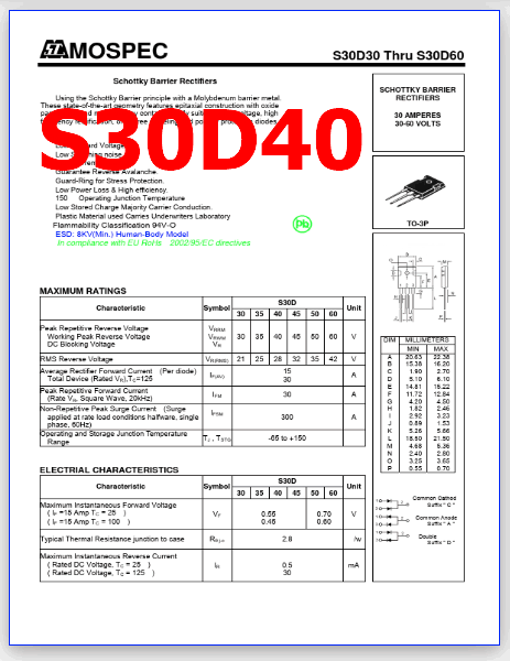 S30D40 Datasheet - 30A, 40V, Schottky Barrier Rectifier