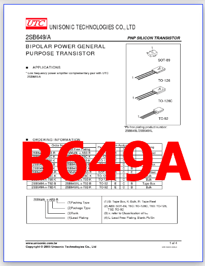 B649A PDF Datasheet - 160V, 1.5A, PNP Transistor - 2SB649A