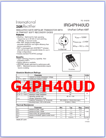 G4PH40UD PDF - 1200V, 21A, IGBT - IRG4PH40UD