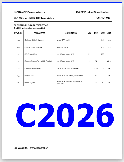 C2026 Transistor - 14V, 50mA, NPN, Pinout ( 2SC2026 )
