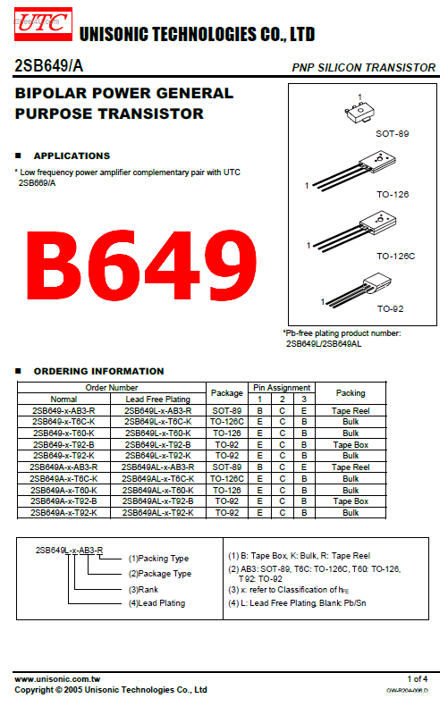 B649 Transistor - PNP, Transistor - 2SB649 ( Datasheet PDF )
