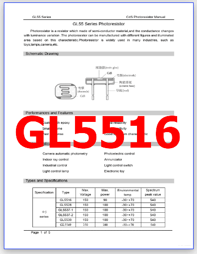 GL5516 PDF Datasheet - Photoresistor GL5516 PDF Datasheet - Photoresistor