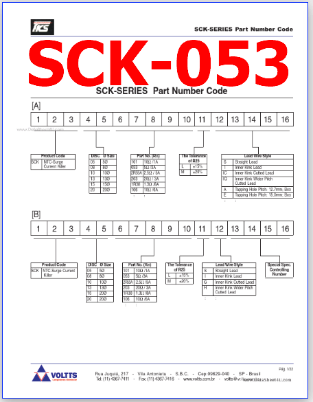 SCK-053 PDF Datasheet - 5 Ohm, 3A, NTC Power Thermistor