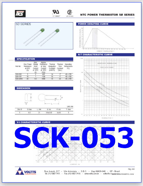 SCK-053 PDF Datasheet - 5 Ohm, 3A, NTC Power Thermistor